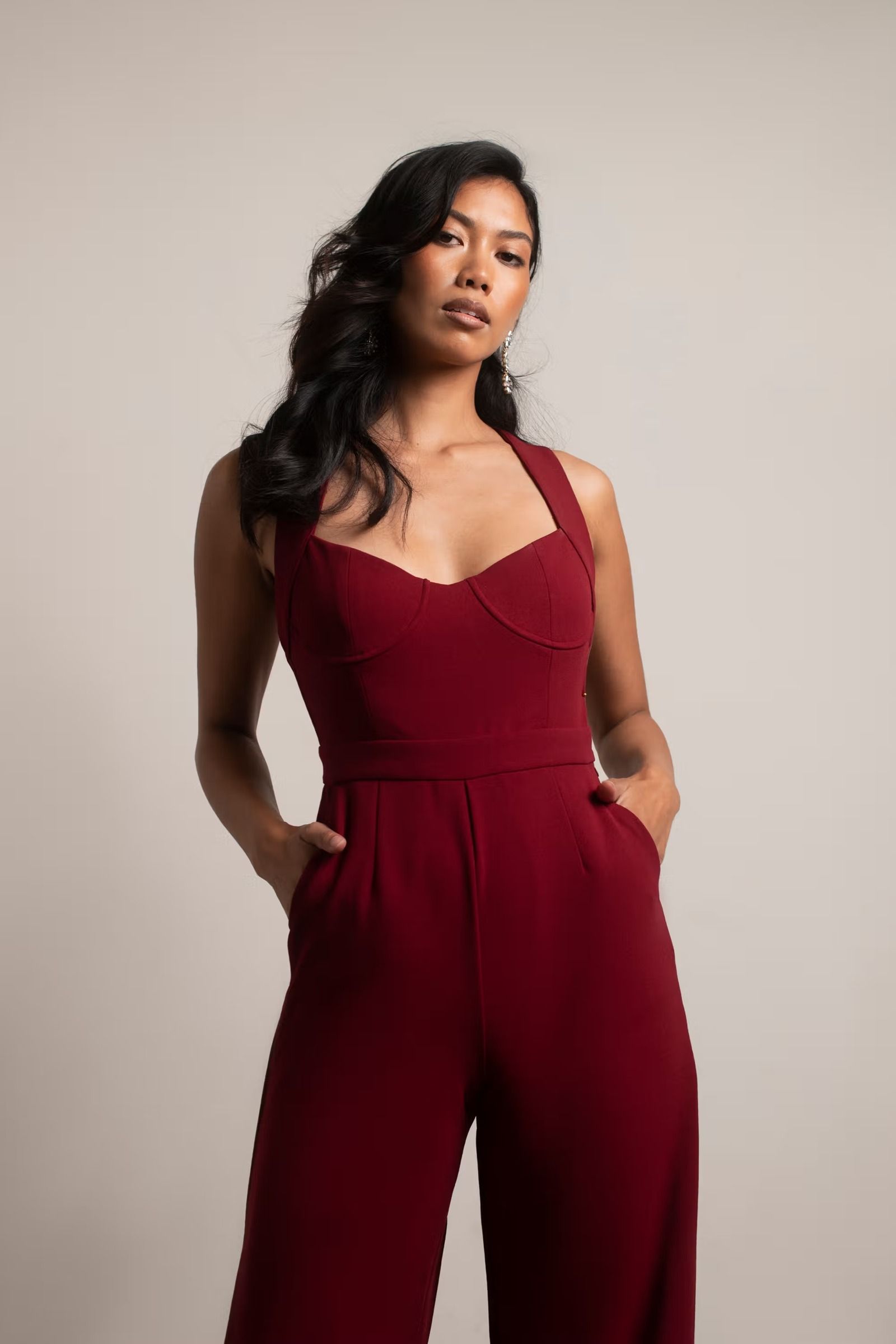 Wine Red Jumpsuit - Wide Slit Leg Jumpsuit - Sleeveless Jumpsuit