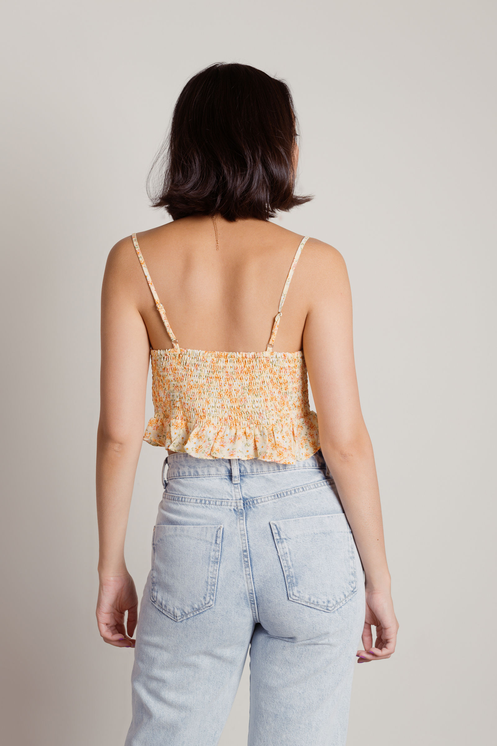 Yellow Crop Tank Top - Floral Print Front Tie Tank Top - Sleeveless ...