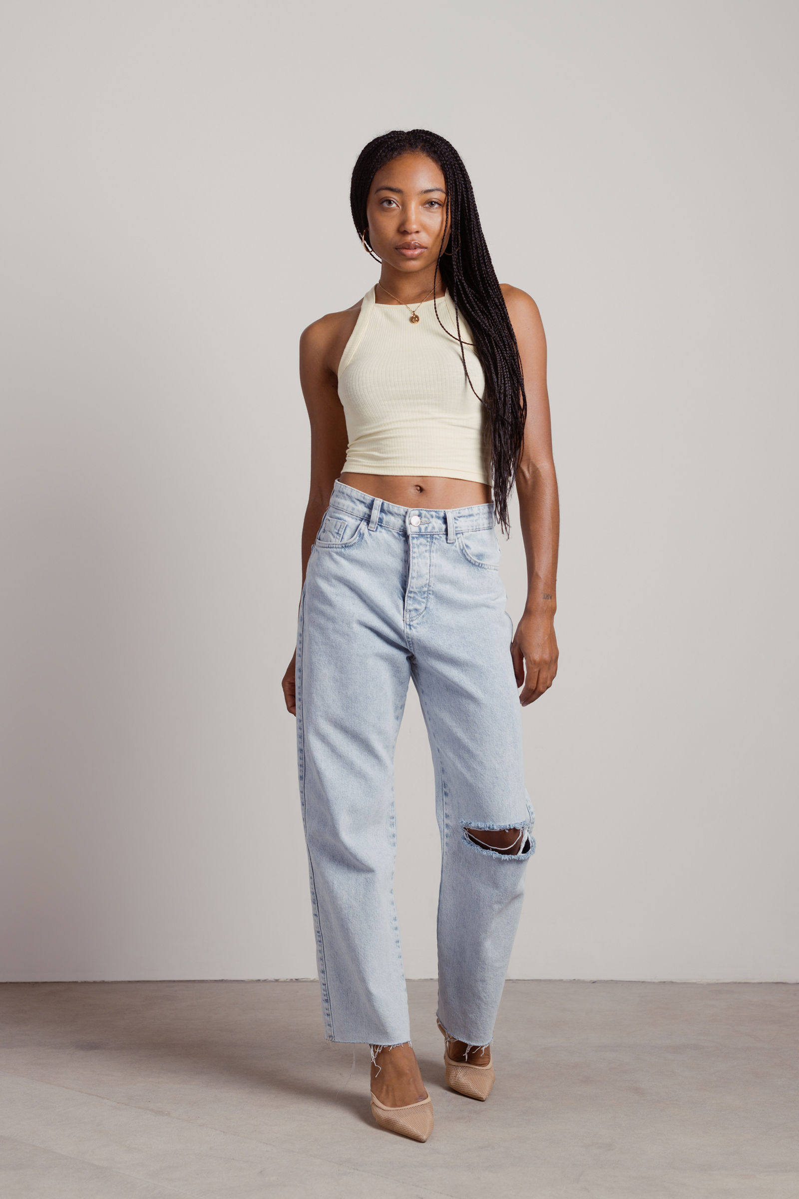 Off White Crop Top - Ribbed Halter Crop Top - High Neck Racerback Crop Top