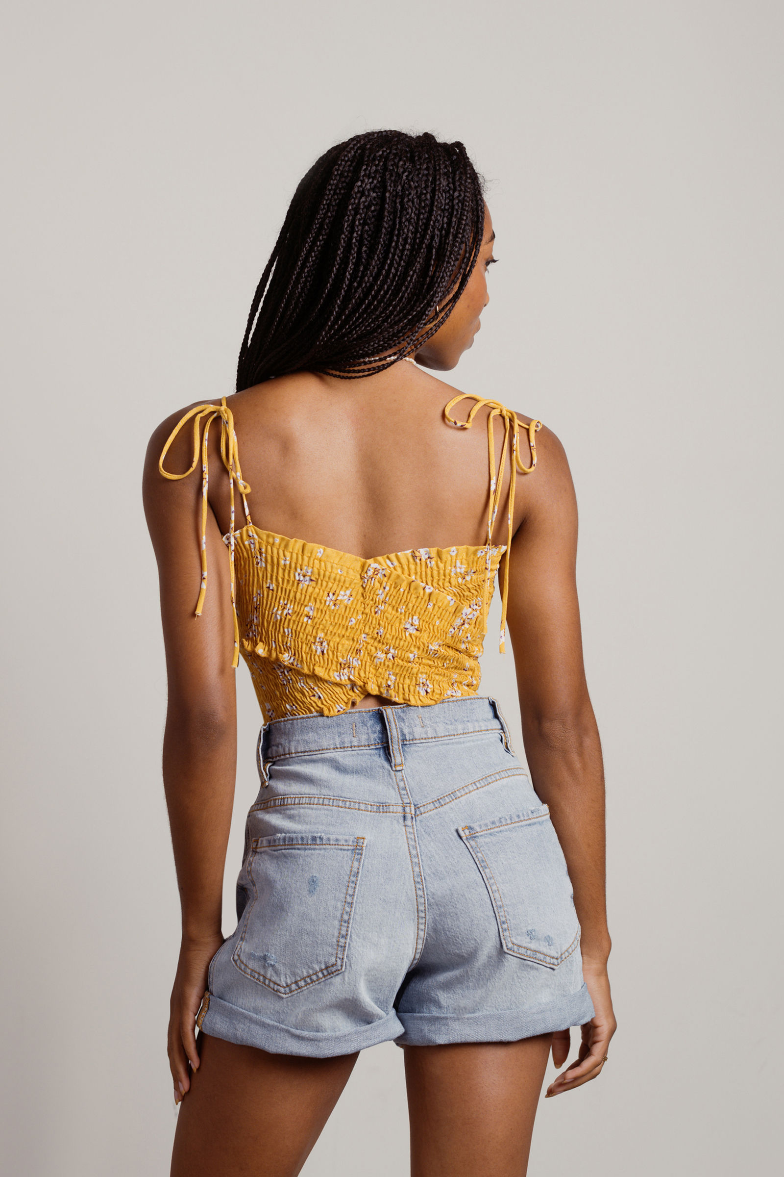 Yellow Crop Tops - Floral Smocked Crop Tops - Shoulder Tie Crop Top
