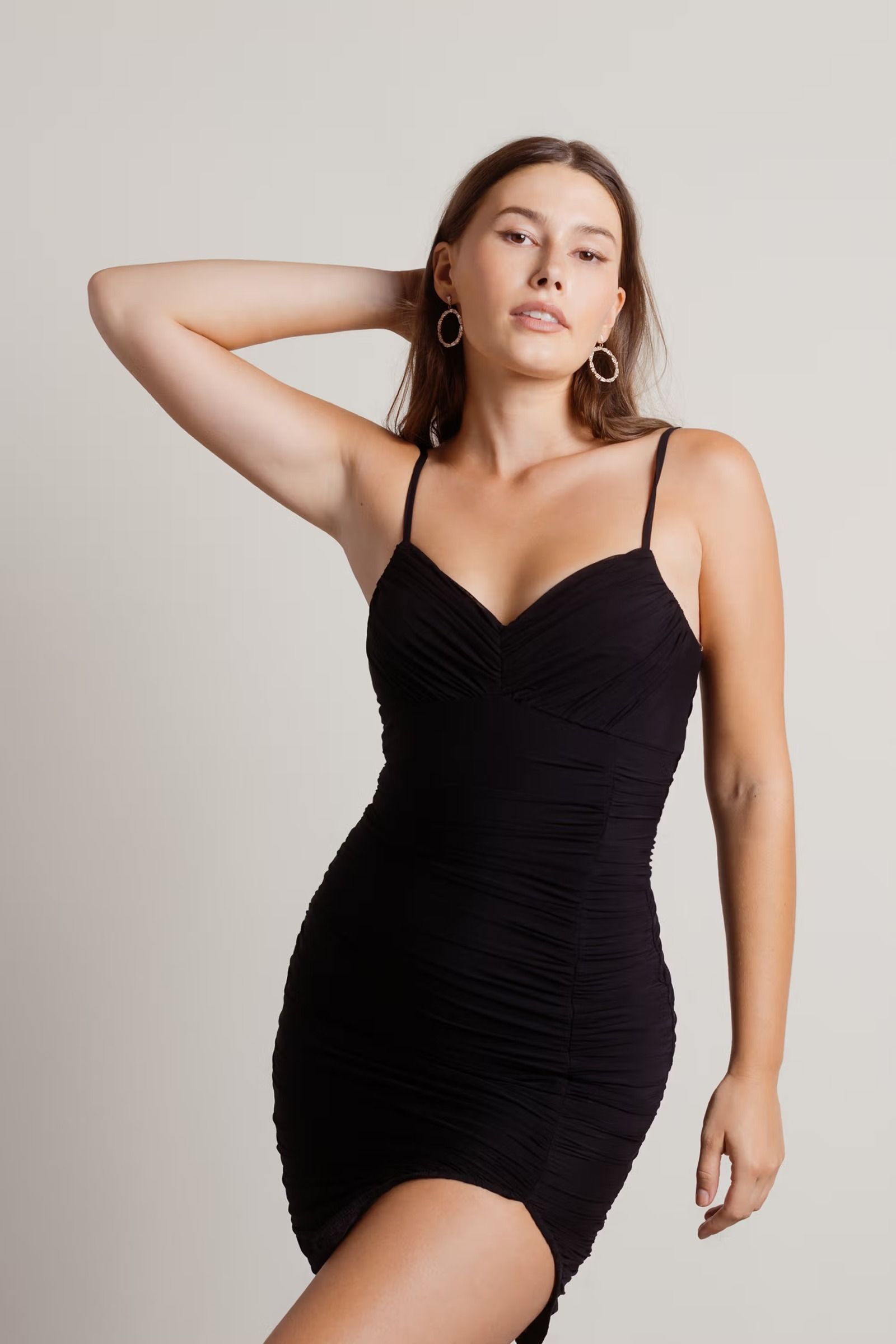 Black Mini Dress - Slit Bodycon Dress W/ Straps - Ruched Mesh Dress