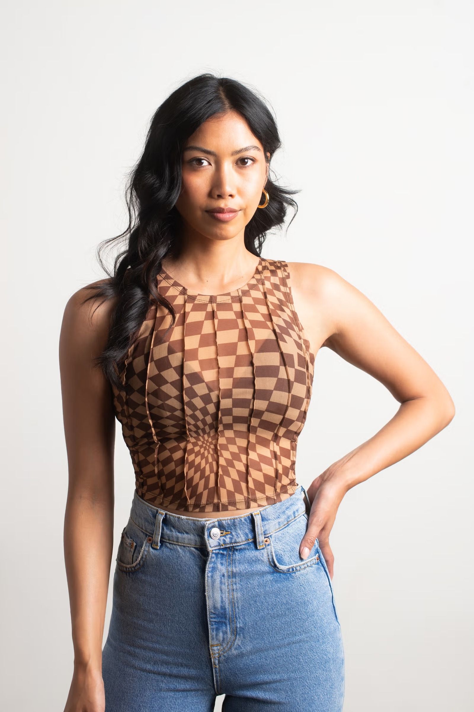 Brown Checkered Tank Top - Sheer Mesh Tank Top - Exposed Seam Top