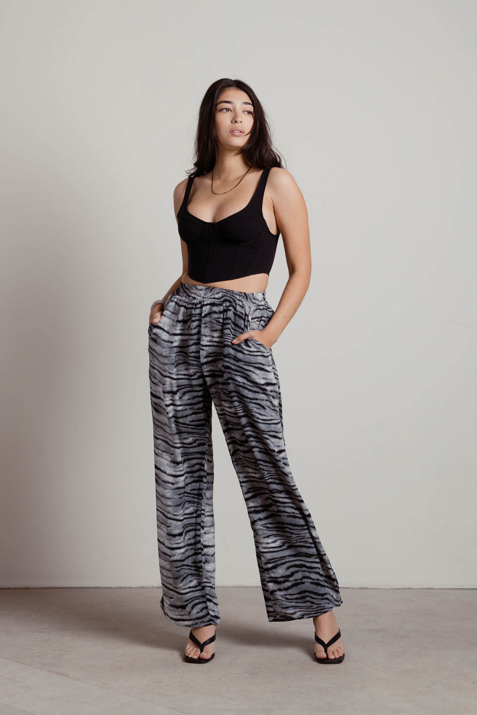 Grey Pants - Tiger Print Pants With Elastic Waistband - Straight Leg Pants