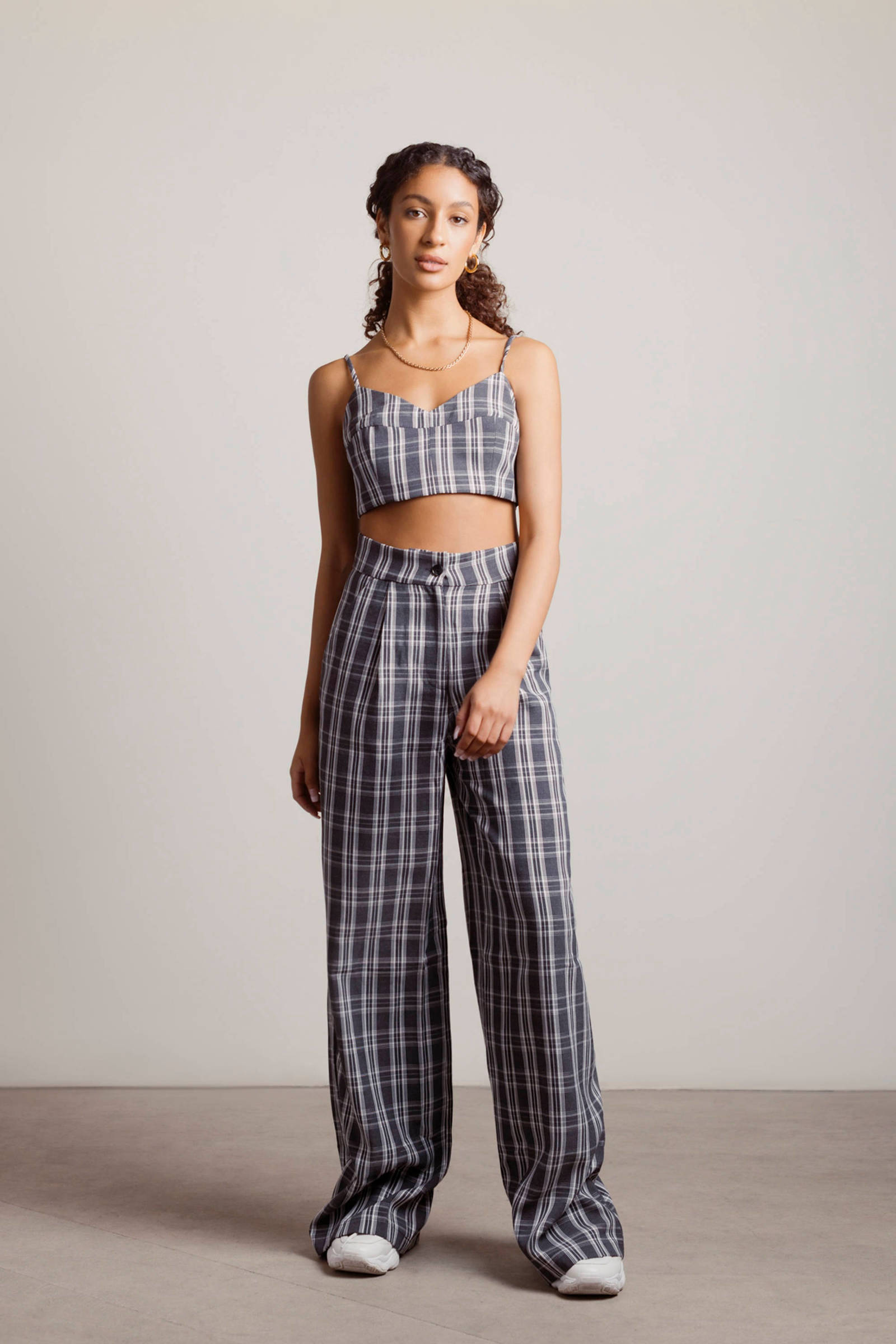 Black Multi Plaid High Waist Pants - High Rise Wide Leg Pant Pants