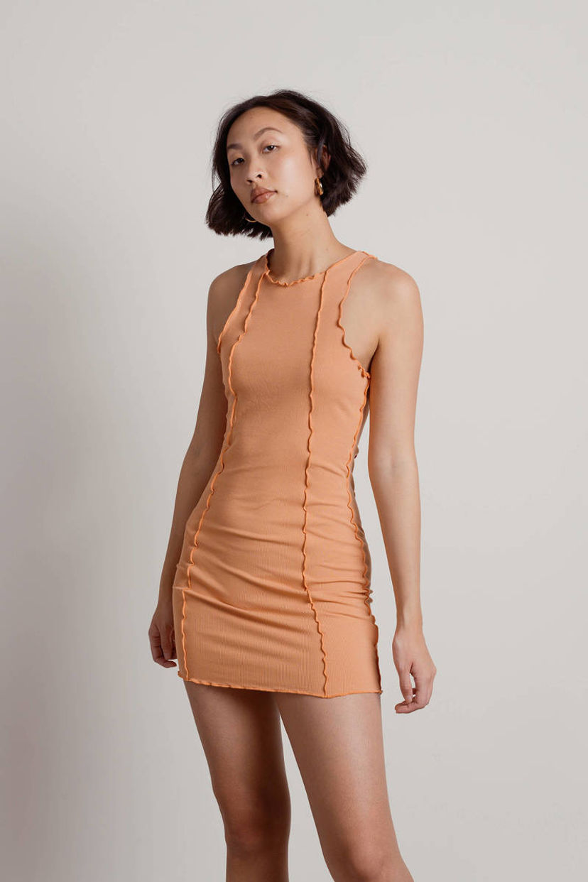Orange Scoop Neck Mini Dress - Exposed Seam Dress - Sleeveless Mini