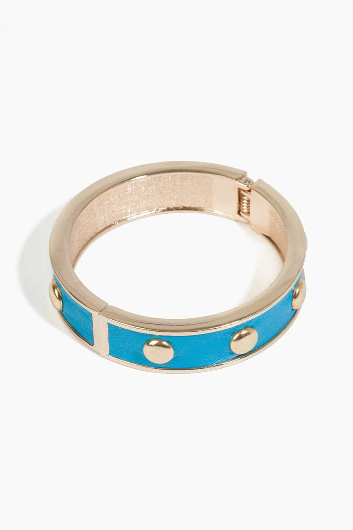 Aqua Studded Bangle - Blue Leather Bangle - Gold Trim Bangle