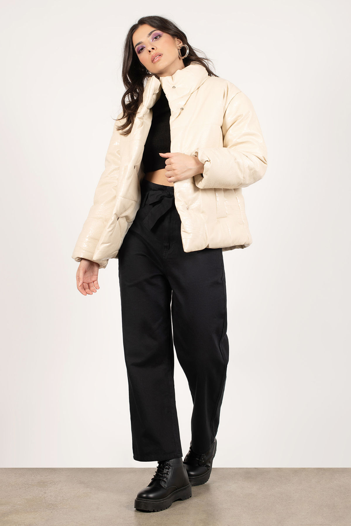 Cream Puffer Jacket - Faux Crocodile Leather Jacket - Beige High Neck ...