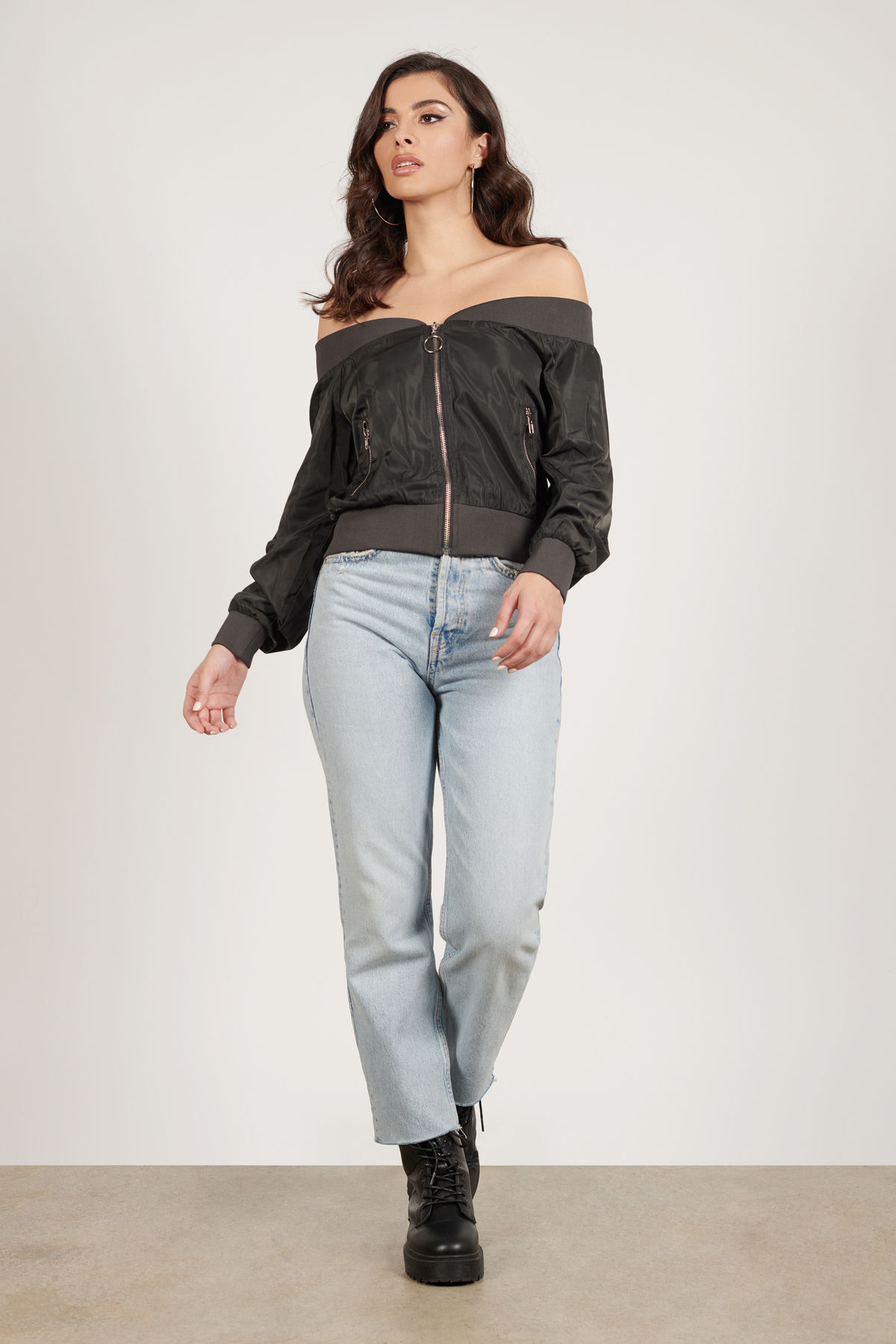 Grey Jacket - O Ring Zipper Jacket - Grey Off Shoulder Bomber Jacket