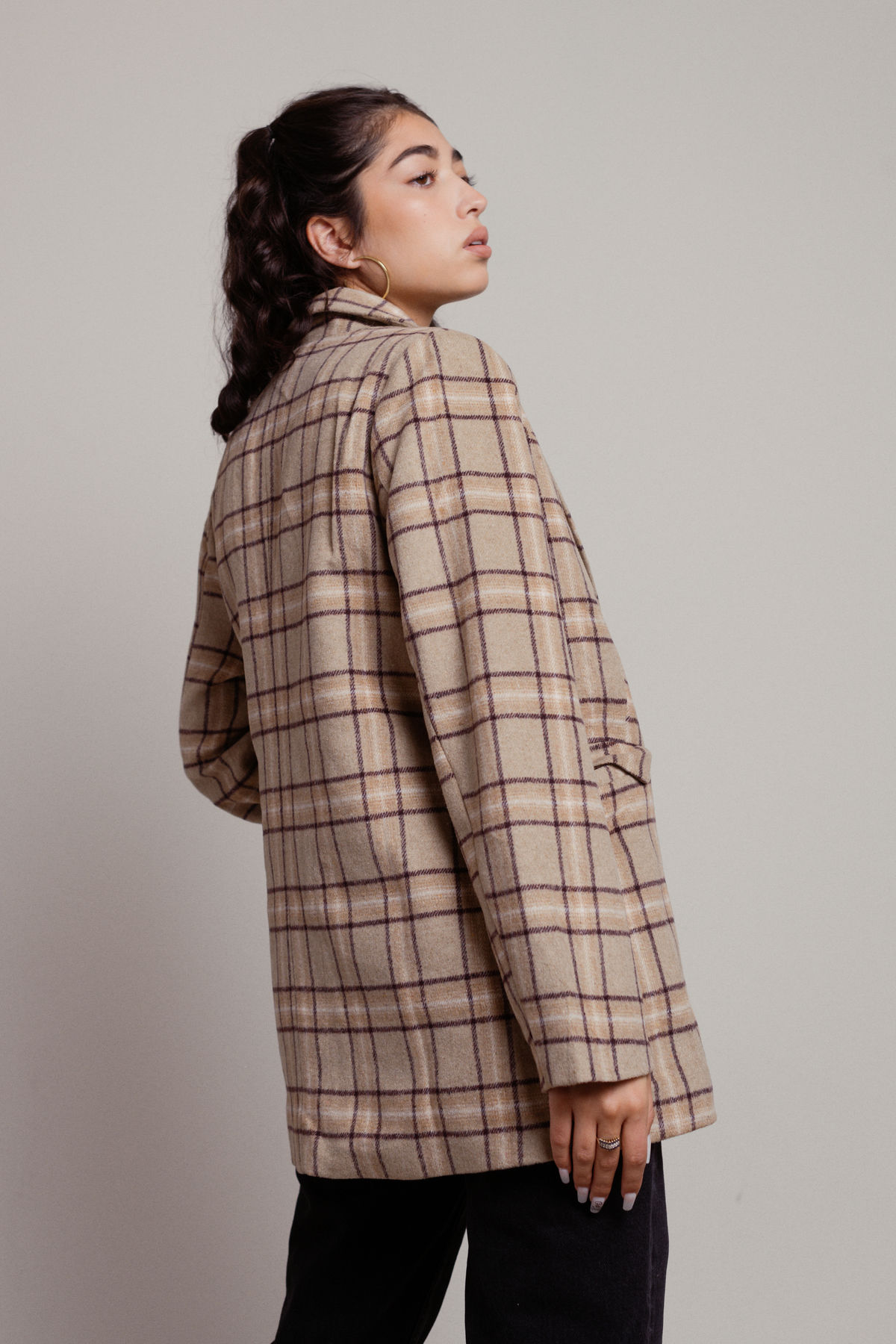 Brown Blazer Coat - Double Breasted Plaid Blazer Coat - Mocha Blazer Coat