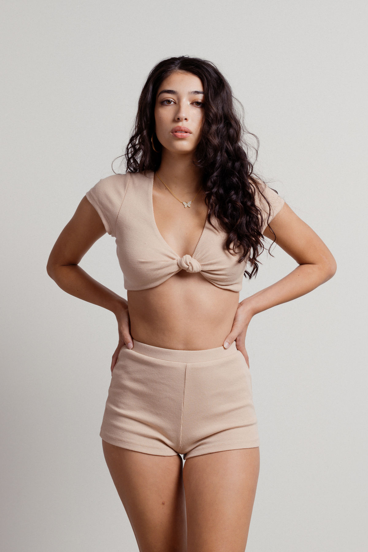 Brown Crop Top And Shorts Set Tie Front Crop Top Nude Crop Top And