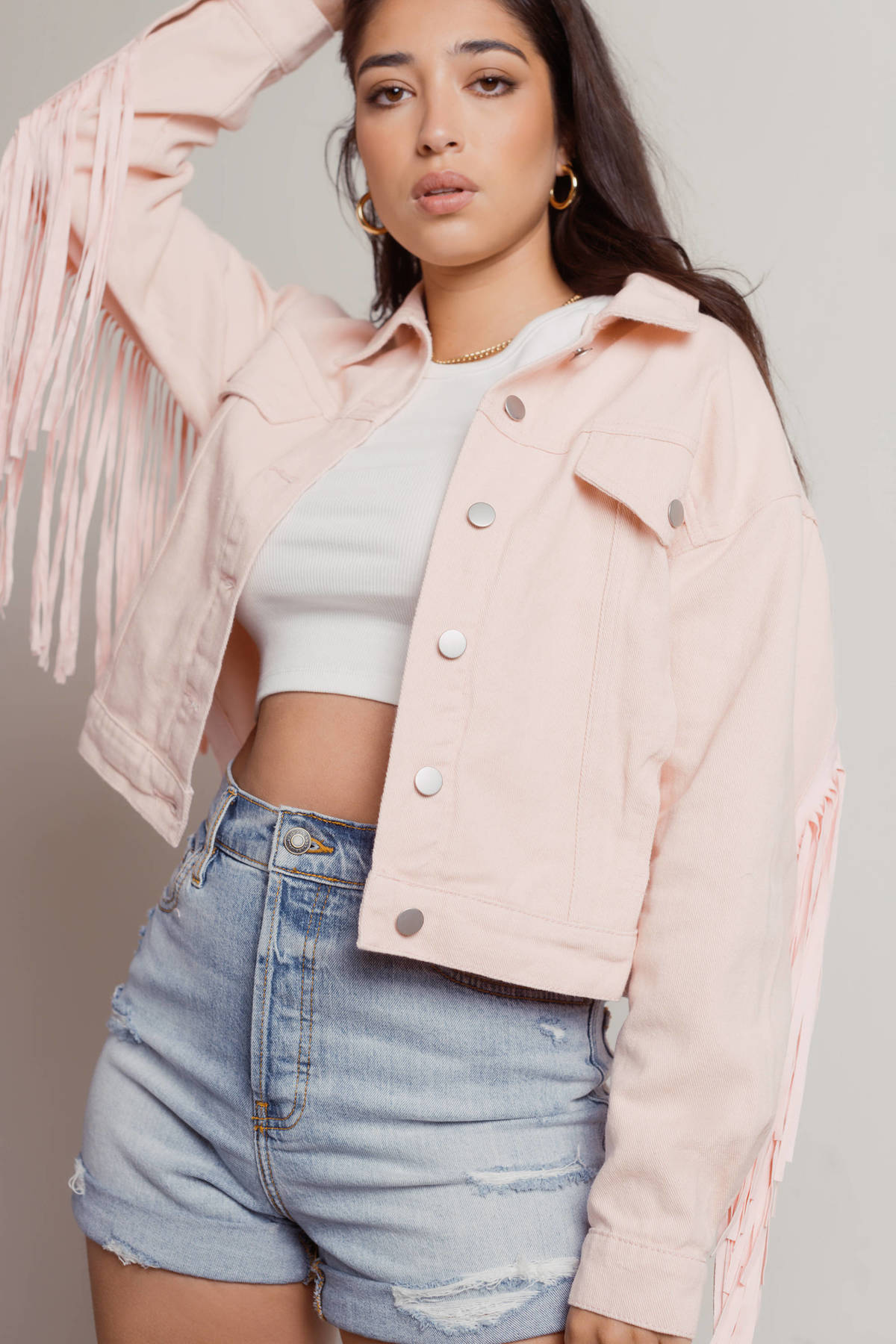 Pink Denim Jacket - Lip Gloss Fringe Back Jacket - Front Pockets Jacket