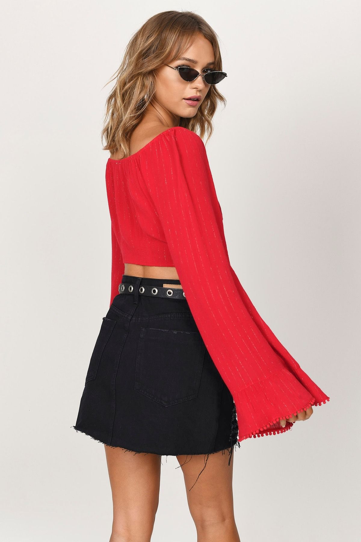 Red Crop Top - Ruffle Sleeve Crop Top - Shimmer Stripe Crop Top