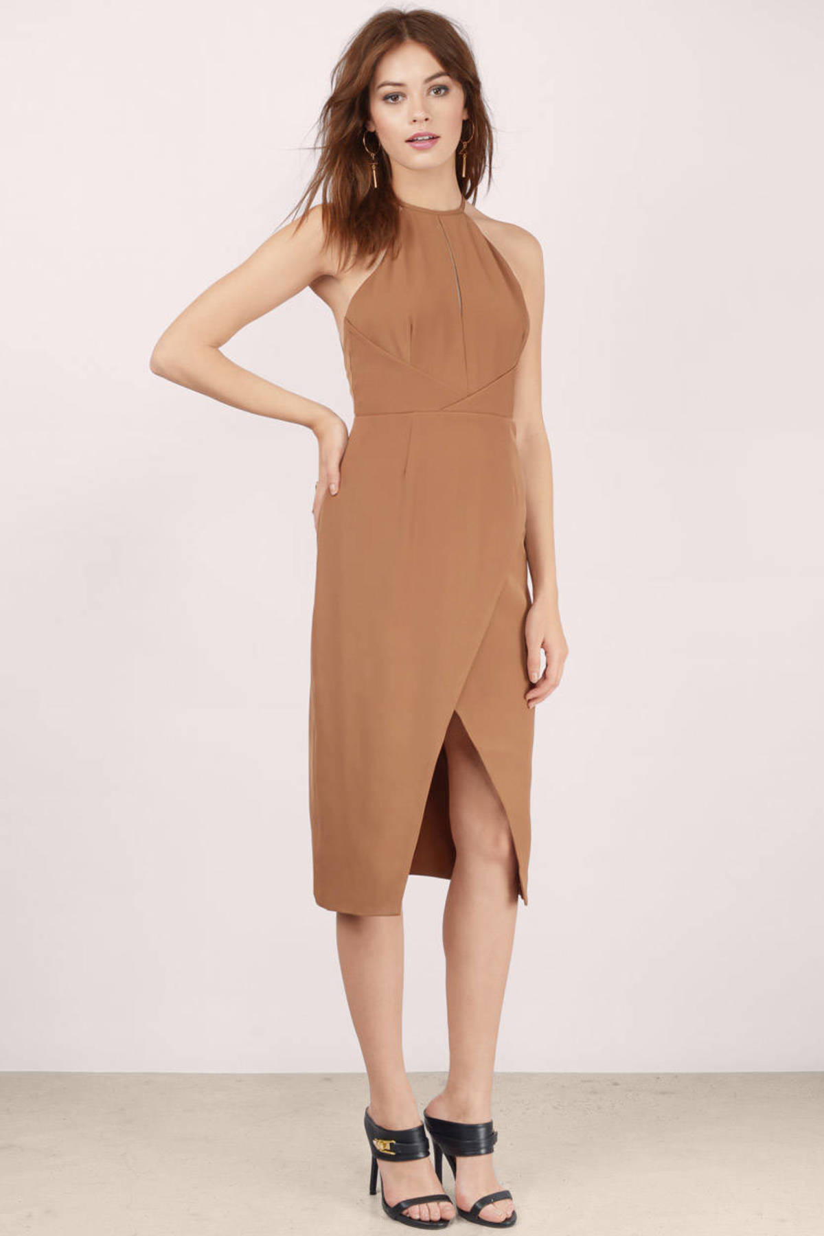 Tan Wrap Dress - High Neck Bodycon Midi Dress - Brown Front Slit Dress