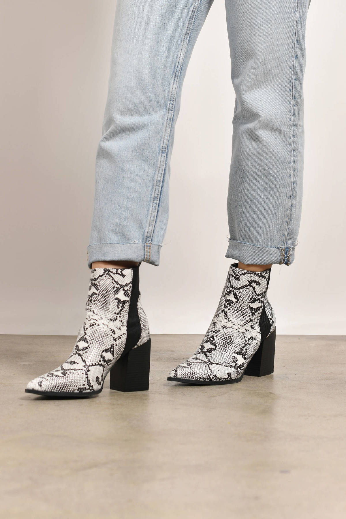 White Booties - Snake Print Faux Leather Booties - Textured Ankle Booties