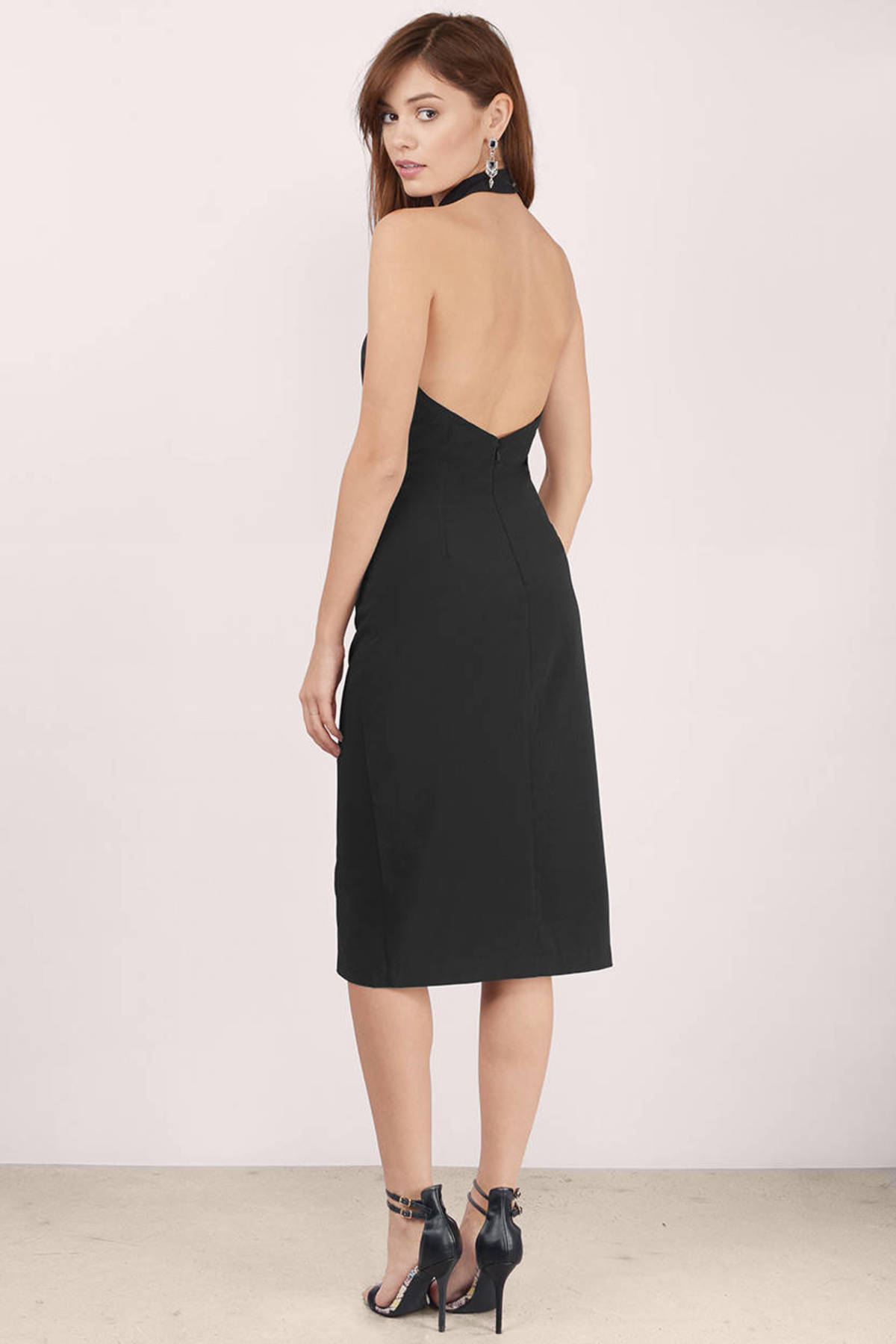 Black Halter Dress - Cut Out Midi Dress - Open Back Slit Dress