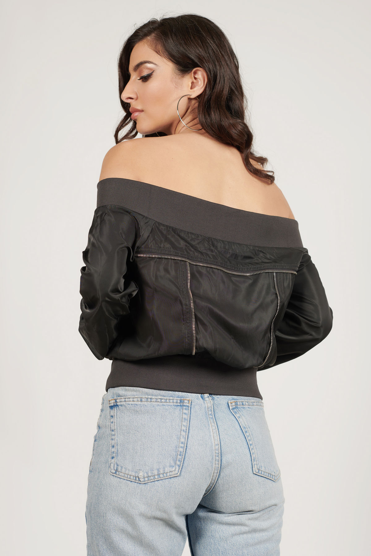 Grey Jacket - O Ring Zipper Jacket - Grey Off Shoulder Bomber Jacket