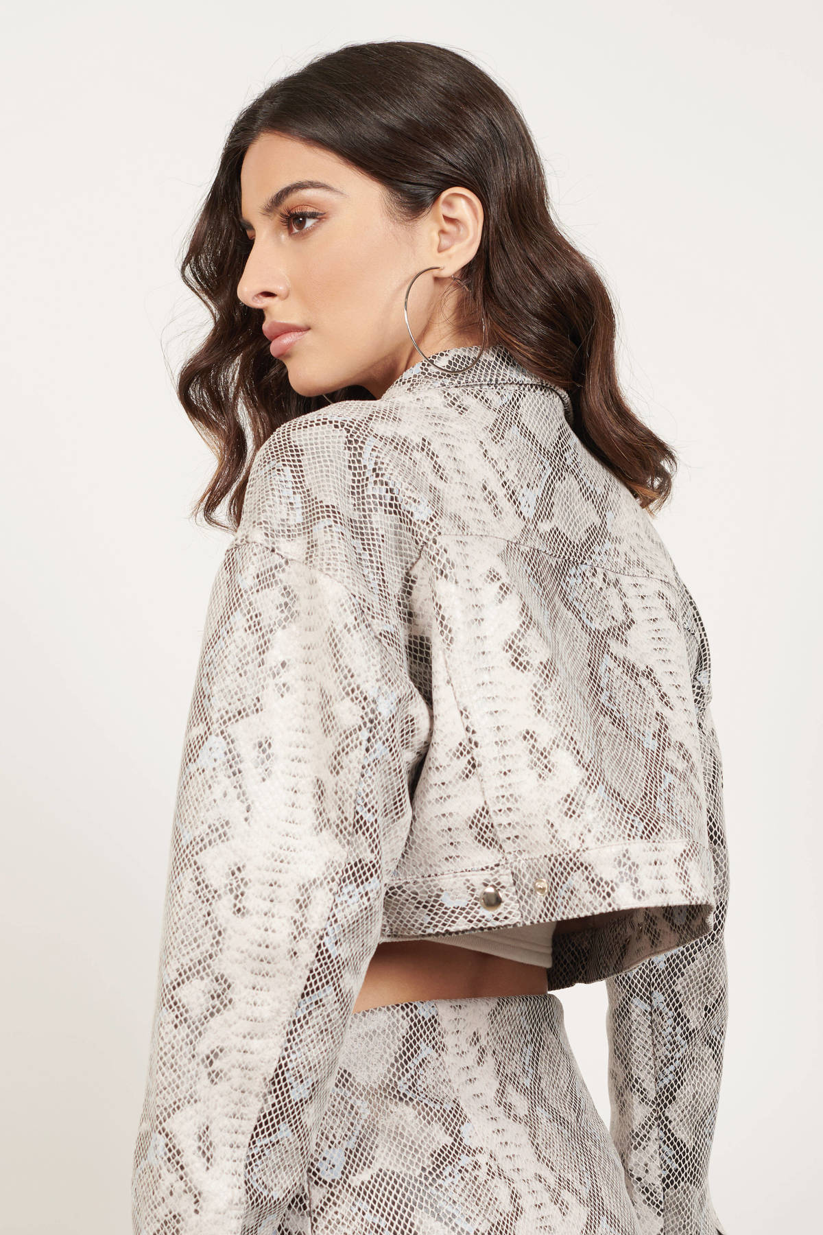 Grey Snakeskin Jacket - Faux Leather Crop Jacket - Collared Pocket Jacket