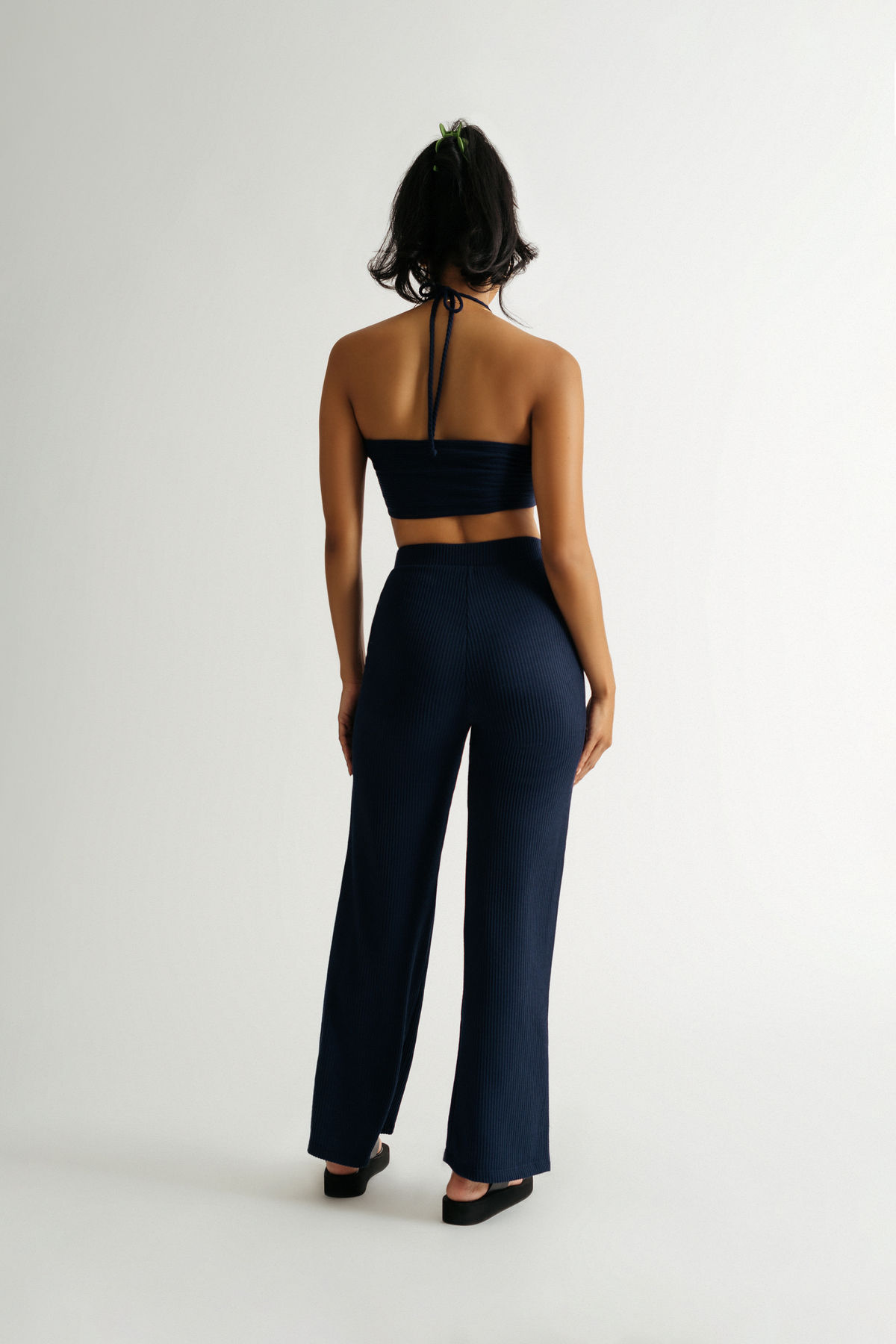 Navy Blue 2 Piece Pants Set - Halter Crop Top - Ribbed Pants