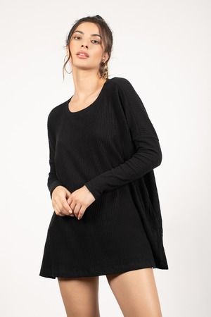 Black Top - Long Sleeve Flowy Top - Black Side Split Shirt