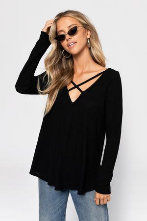 Chic Black Top - Criss Cross Front and Back Top - Black Long Sleeve Top
