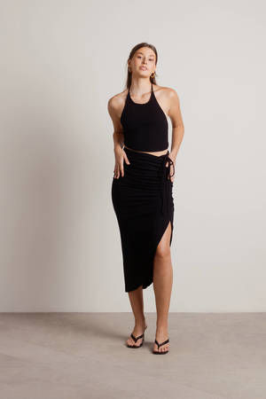 Black Two-Piece Set - Black Drawstring Skirt - Halter Top