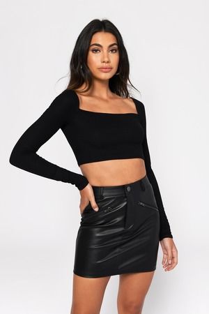 Black Crop Top - Square Neck Ribbed Crop Top - Long Sleeve Knit Crop Top