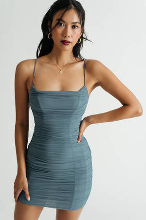 Blue Cross Back Dress - Mini Bodycon Dress - Ruched Dress