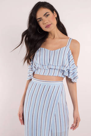 Cute Blue Multi Crop Top - Cold Shoulder Top - multi Top
