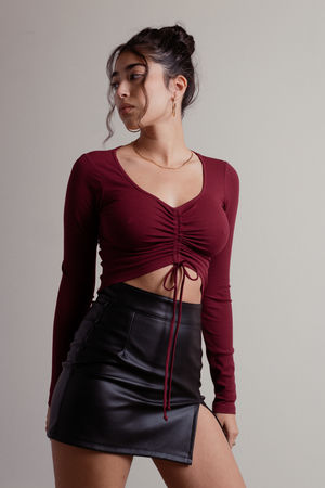 Red Crop Top - Ribbed Front Tie Crop Top - Burgundy Ruched Crop Top