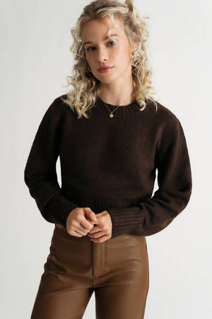 Dark Brown Cropped Long Sleeve Sweater - Knit Crew Neck Sweater