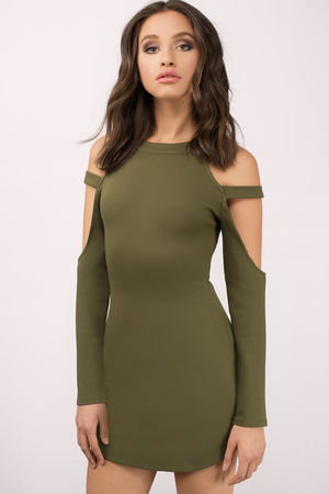 Olive Mini Dress - Long Sleeve Lace Up Bodycon Dress - Turtleneck ...