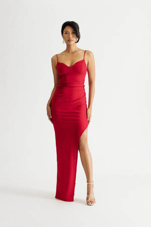 Red Maxi Dress - Bodycon Dress With Slit - Runched Dress