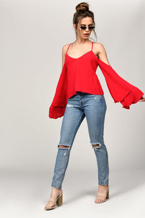 Red Blouse - Backless Cold Shoulder Blouse - Red Crepe Top