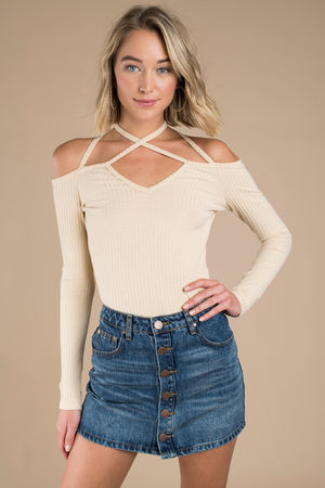Cute Tan Top - Criss Cross Detail Top - Fitted Tan Top