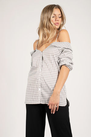 White Top - Plaid Top - Button Down Work Blouse - Tartan Top