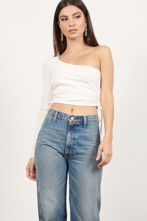 White Top - Off Shoulder Top - White Keyhole Long Sleeve Top